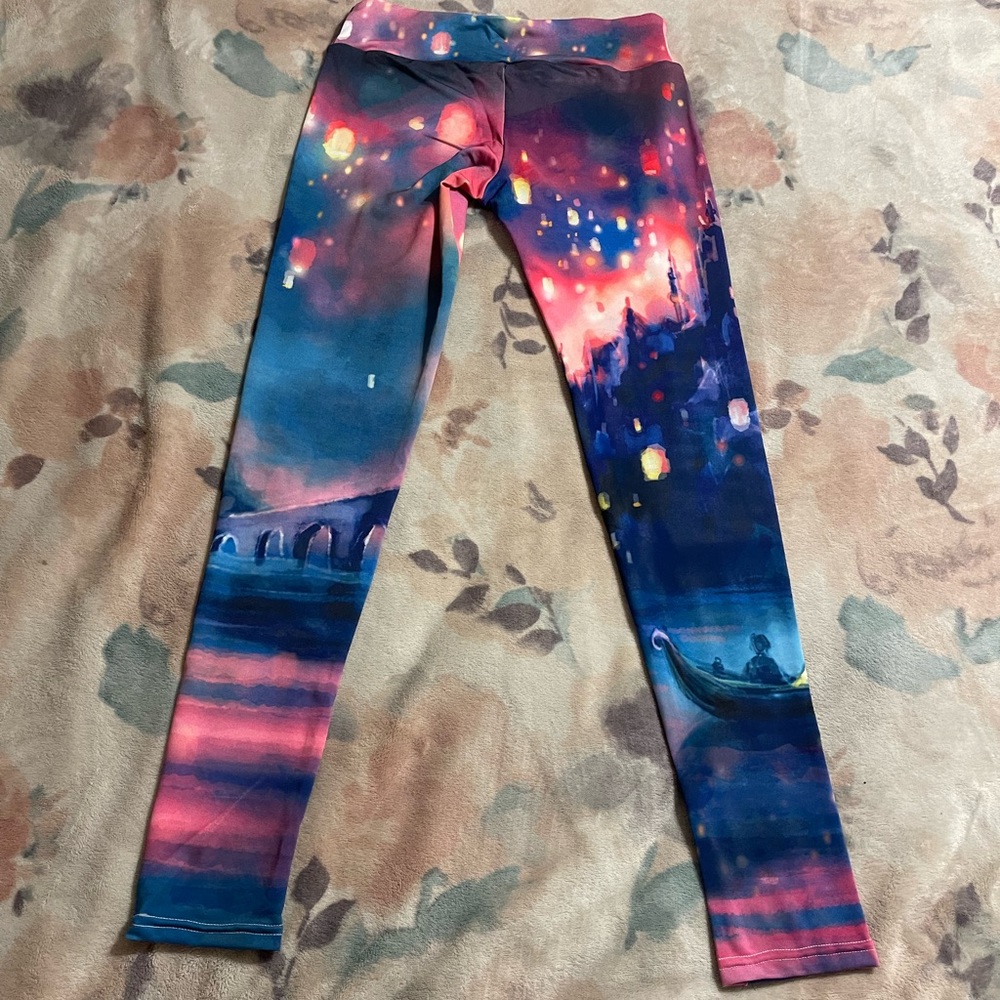 Tangled Rapunzel Lake Scene Watercolor Leggings - Gem